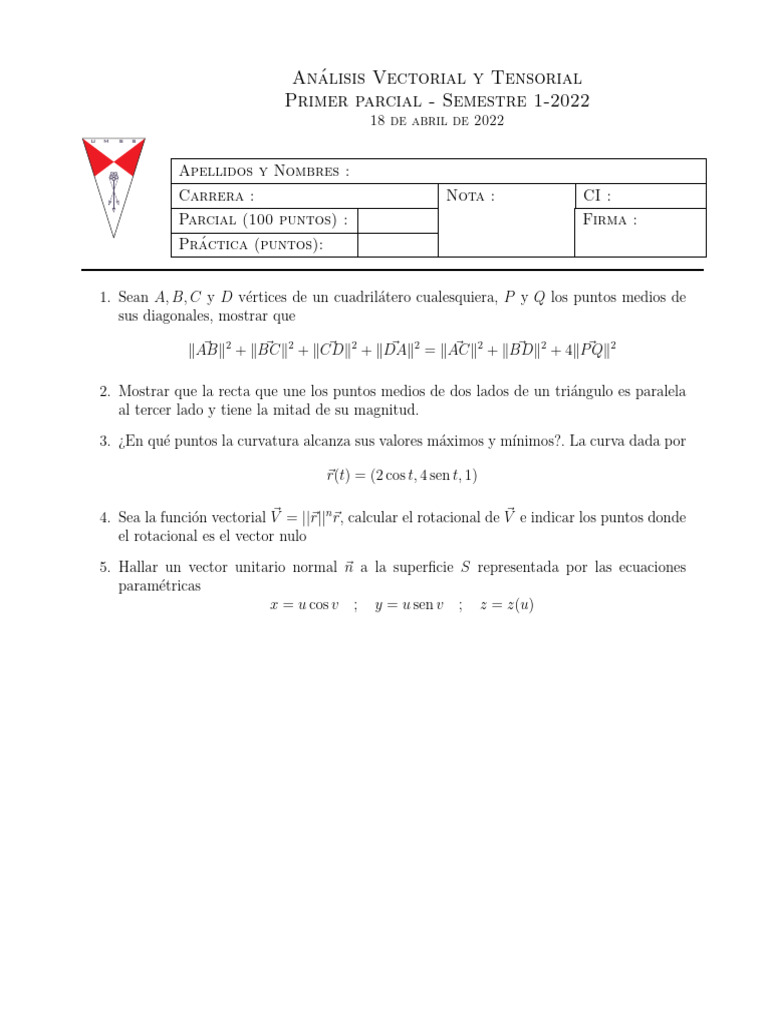 1 2022 1er Parcial Analisis Vectorial | PDF