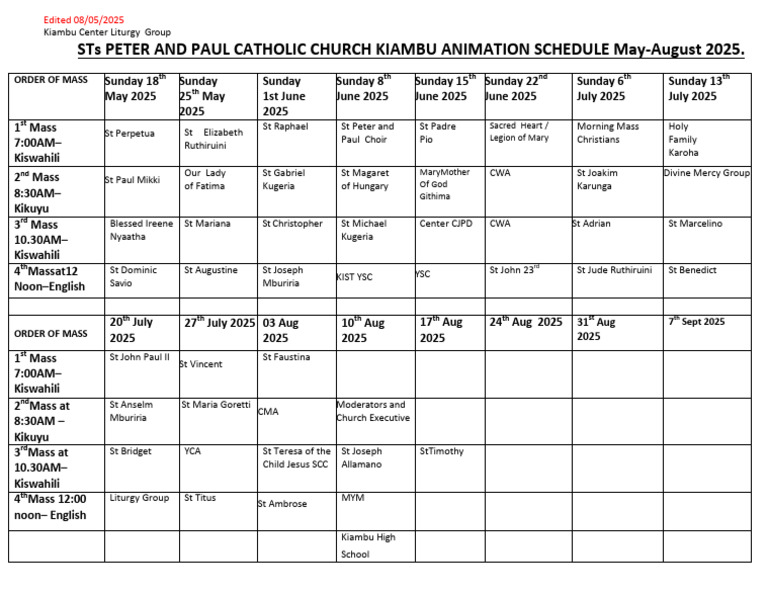 St. Peter and Paul Kiambu Mass Schedule | PDF | Mass (Liturgy ...