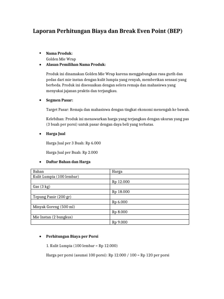 Laporan BEP Golden Mie Wrap | PDF