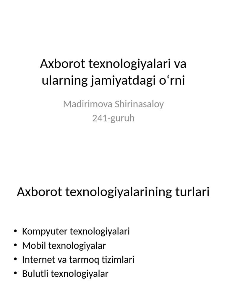 Axborot Texnologiyalari Taqdimot | PDF
