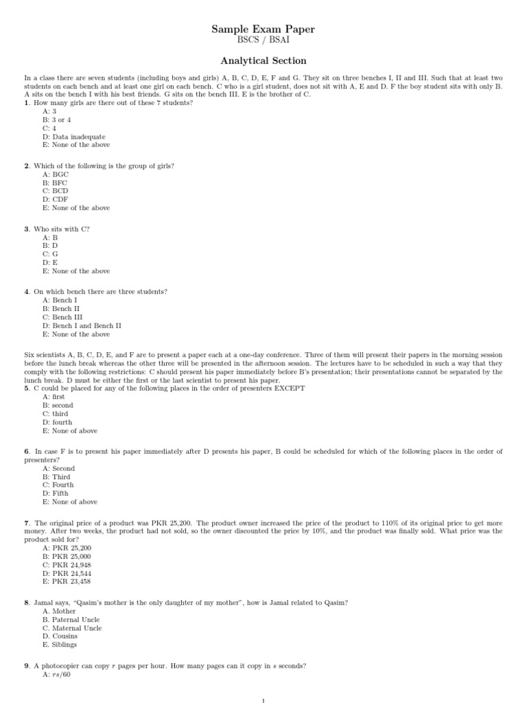 Sample Exam Paper BSCS BSAI Admission 2025 | PDF | Inequality (Mathematics) | Acceleration