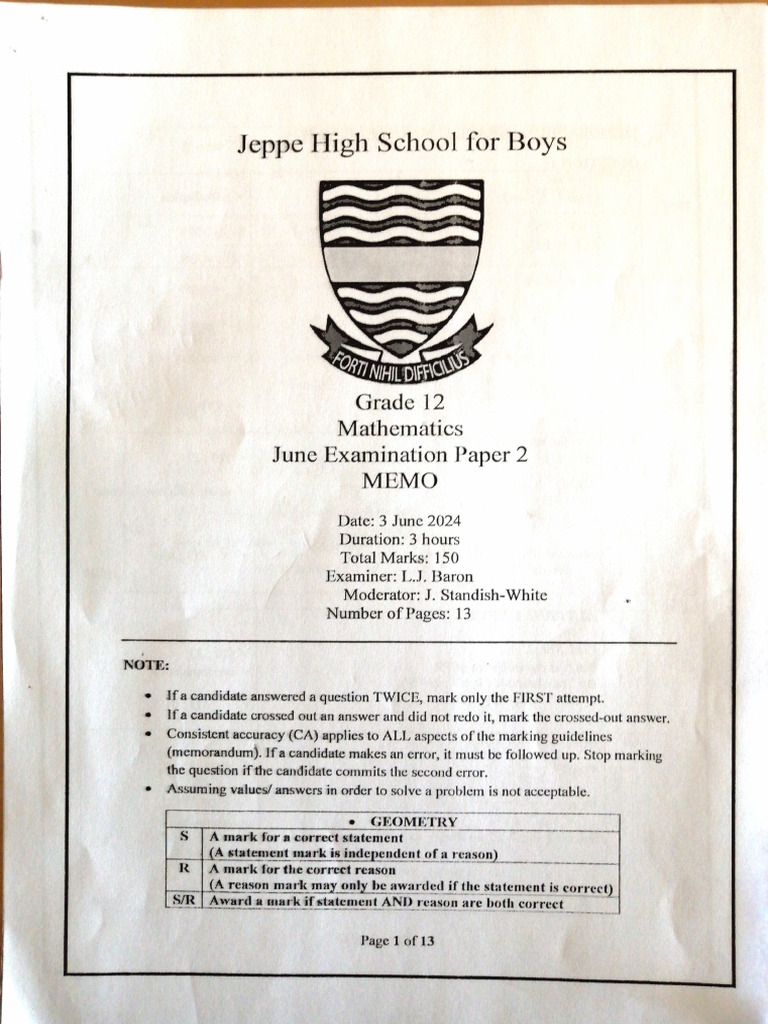 Grade 12 Maths P2 Memo June 2024 | PDF | Equations | Mathematical Objects