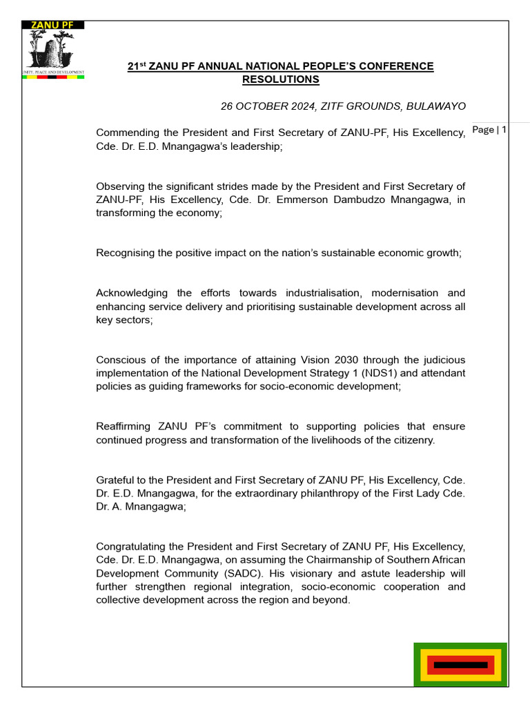 21st ZANU PF ANNUAL NATIONAL PEOPLES CONFERENCE RESOLUTIONS | PDF | Infrastructure | Economies