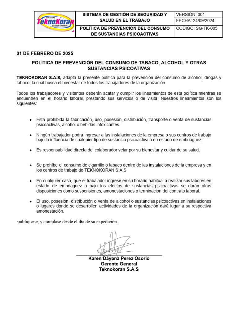 SG-TK- 005 P. PREVENCIÓN DEL CONSUMO DE SUSTANCIAS.docx | PDF