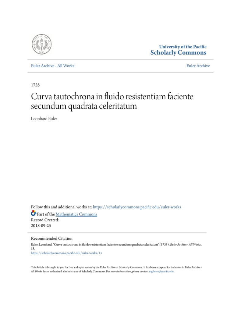 1735 Curva Tautochrona in Fluido Resistentiam Faciente Secundum Quadra | PDF