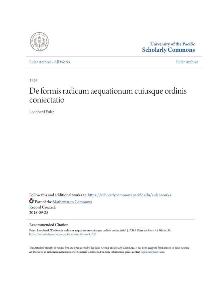 1738 de Formis Radicum Aequationum Cuiusque Ordinis Coniectatio | PDF