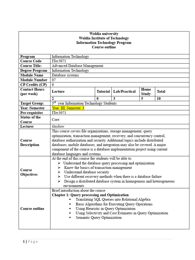 Advanced Database MGT Course Outline | PDF | Databases | Database Transaction
