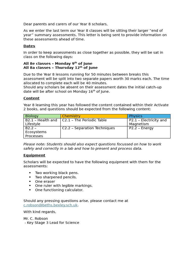 Year 8 Science Assessment Details | PDF