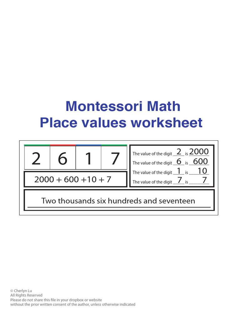 Montessori Math Place Values Worksheet: Two Thousands Six Hundreds and ...