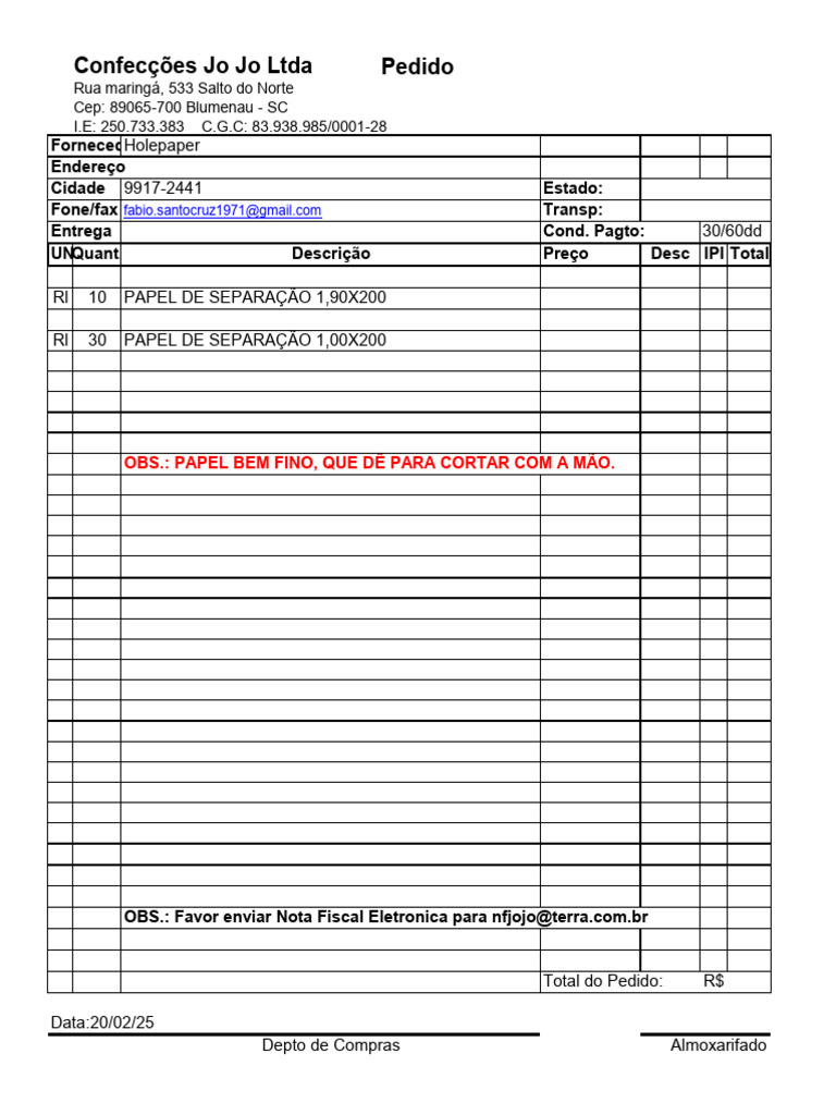 Pedido Holepaper - Onix | PDF