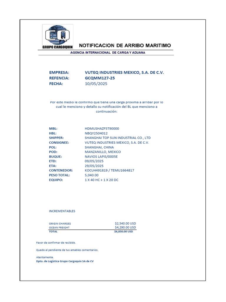 GCQMM127-25 Notificacion de Arribo | PDF