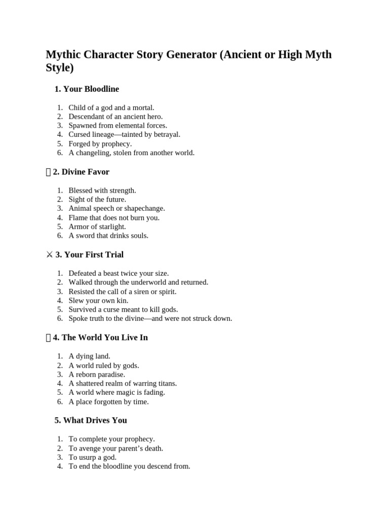 Mythic Character Story Generator | PDF