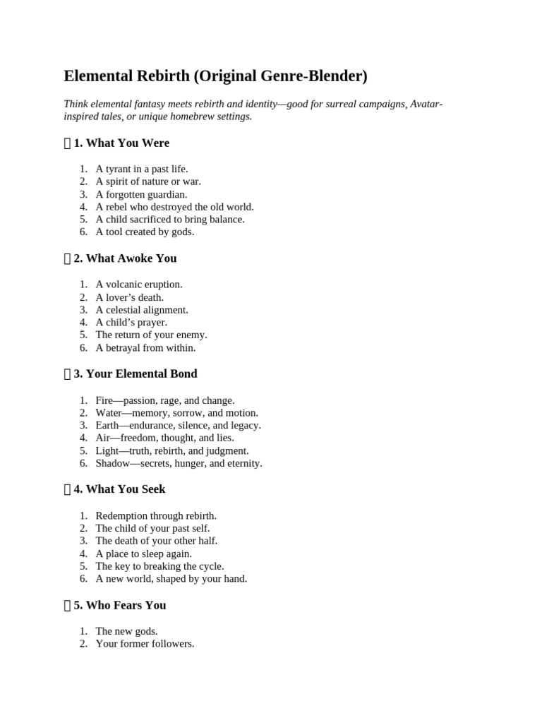 Elemental Rebirth Charater story | PDF