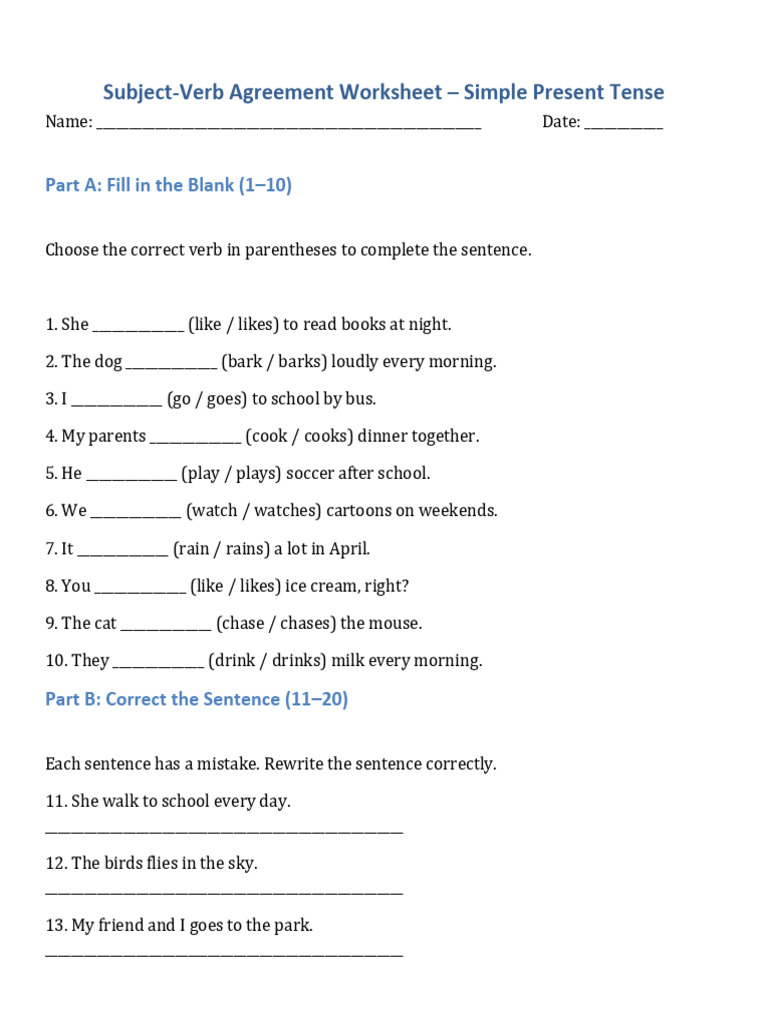 Subject Verb Agreement Worksheet | PDF