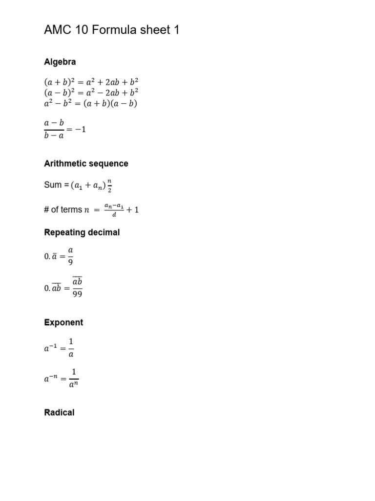 AMC 10 Formula Cheat Sheet | PDF