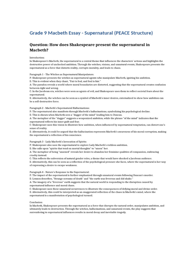 Grade 9 Macbeth Supernatural PEACE Structure Essayi | PDF | Ebenezer ...