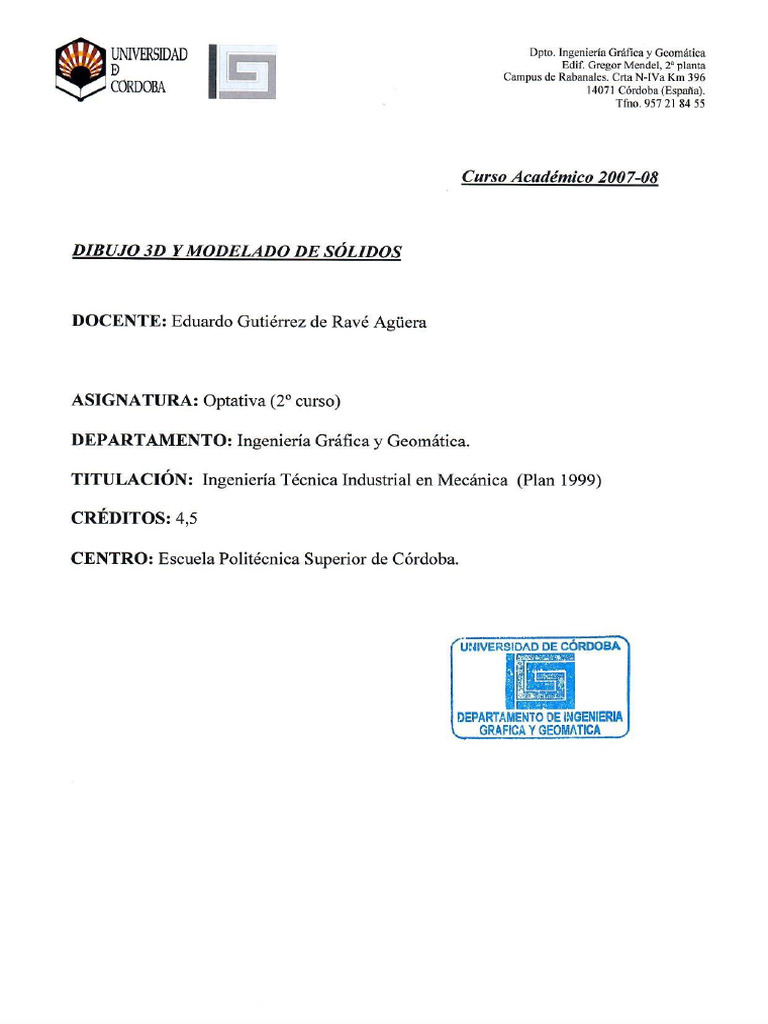Dibujo 3D y Modelado de Solidos - 2007-08 - ITI Mecánica | PDF