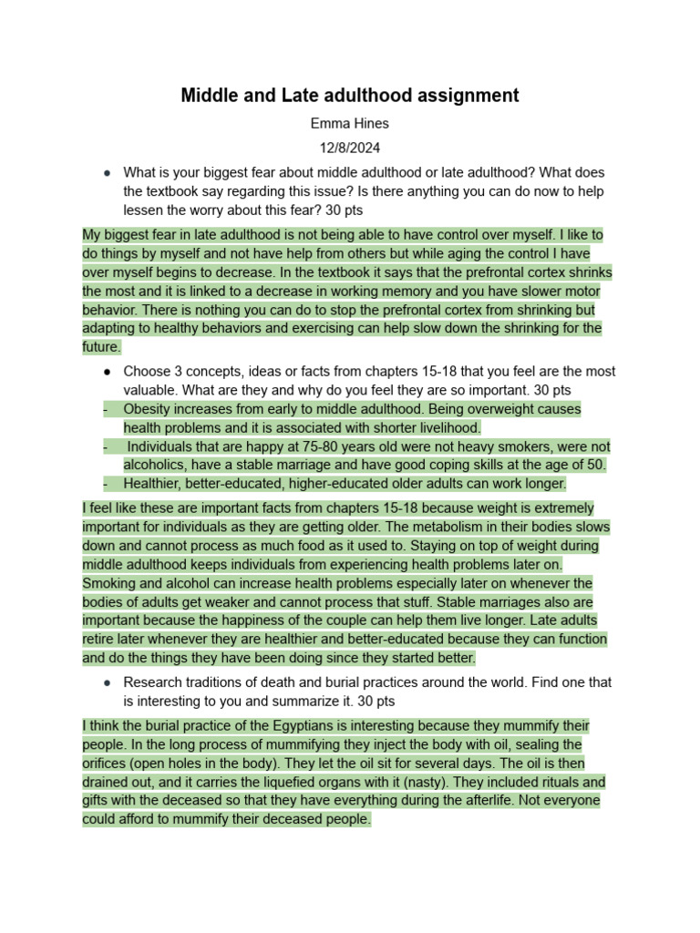 Middle and Late Adulthood Assignment | PDF | Behavioural Sciences ...