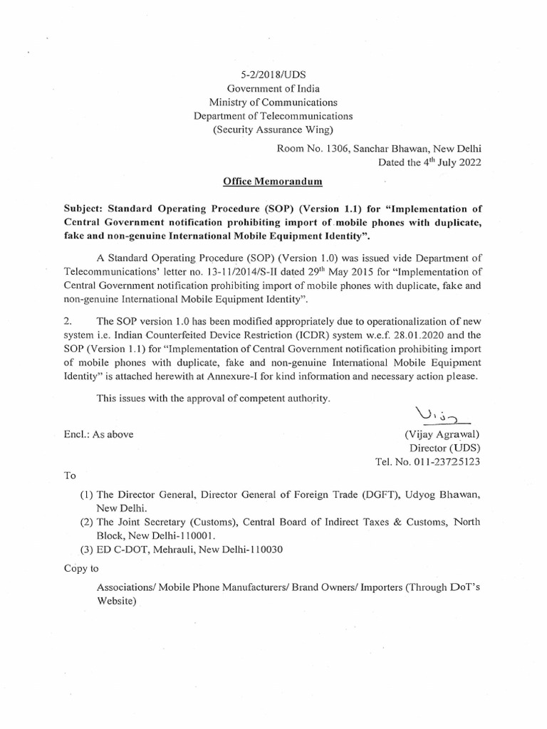 DoT SoP Prohibiting Import of Mobile Phones With Duplicate, Fake and ...