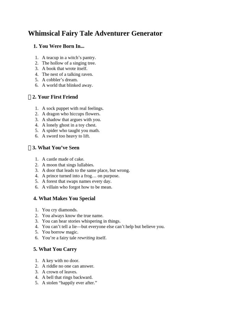 Whimsical Fairy Tale Adventurer Generator | PDF