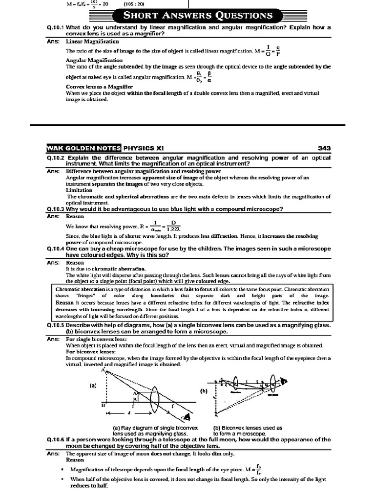 Chap # 10 (Optical Instruments) S.Q + Numericals | PDF