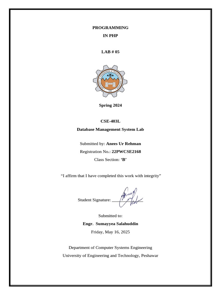DBMS Lab 5 - Programming in PHP - (Aimal Khan) | PDF | Boolean Data ...