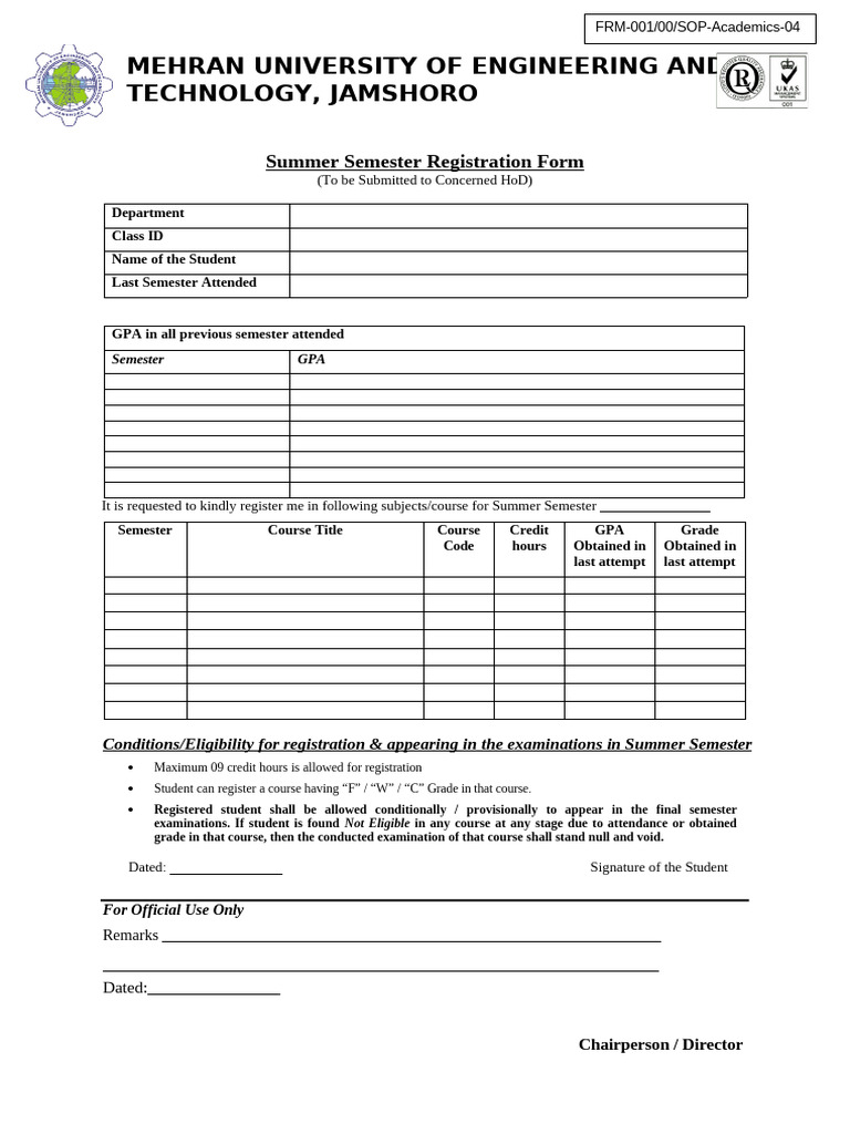 Summer Semester Registration Form-Annexure A (Revised in 2025) | PDF