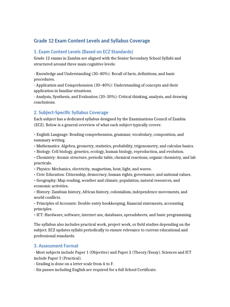 Grade 12 Exam Content and Syllabus Coverage | PDF