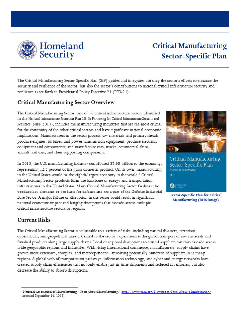 CISA (DHS) Critical Manufacturing Sector-Specific Plan Fact Sheet | PDF | Infrastructure ...
