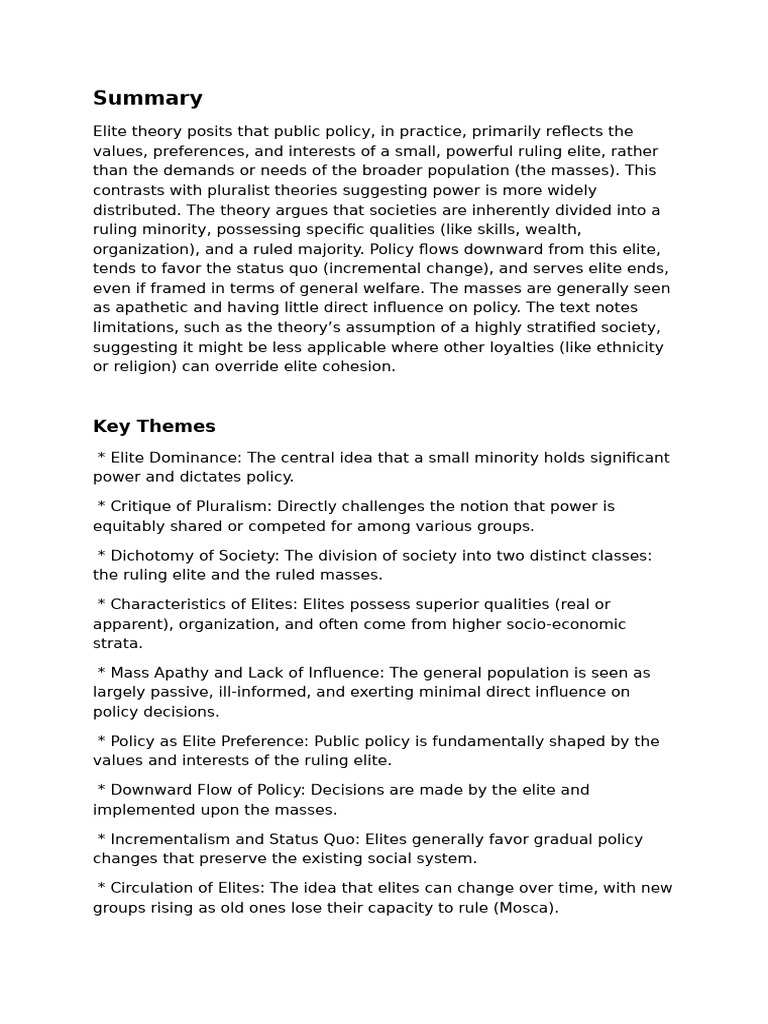 Elite Theory Approach To Public Policy Pdf Elite Society