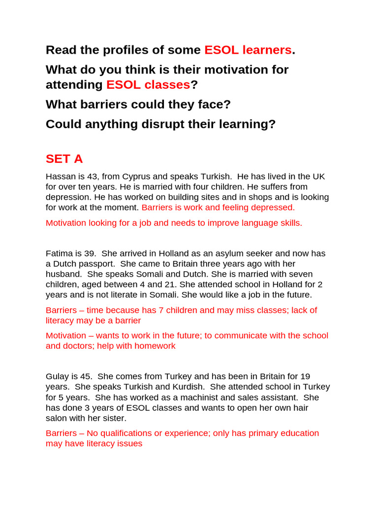 Learner Profiles ESOL and Literacy | PDF | English As A Second Or ...