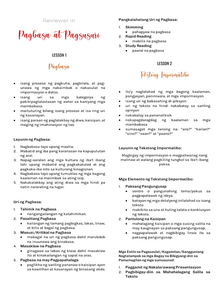 Reviewer in Pagbasa at Pagsusuri | PDF