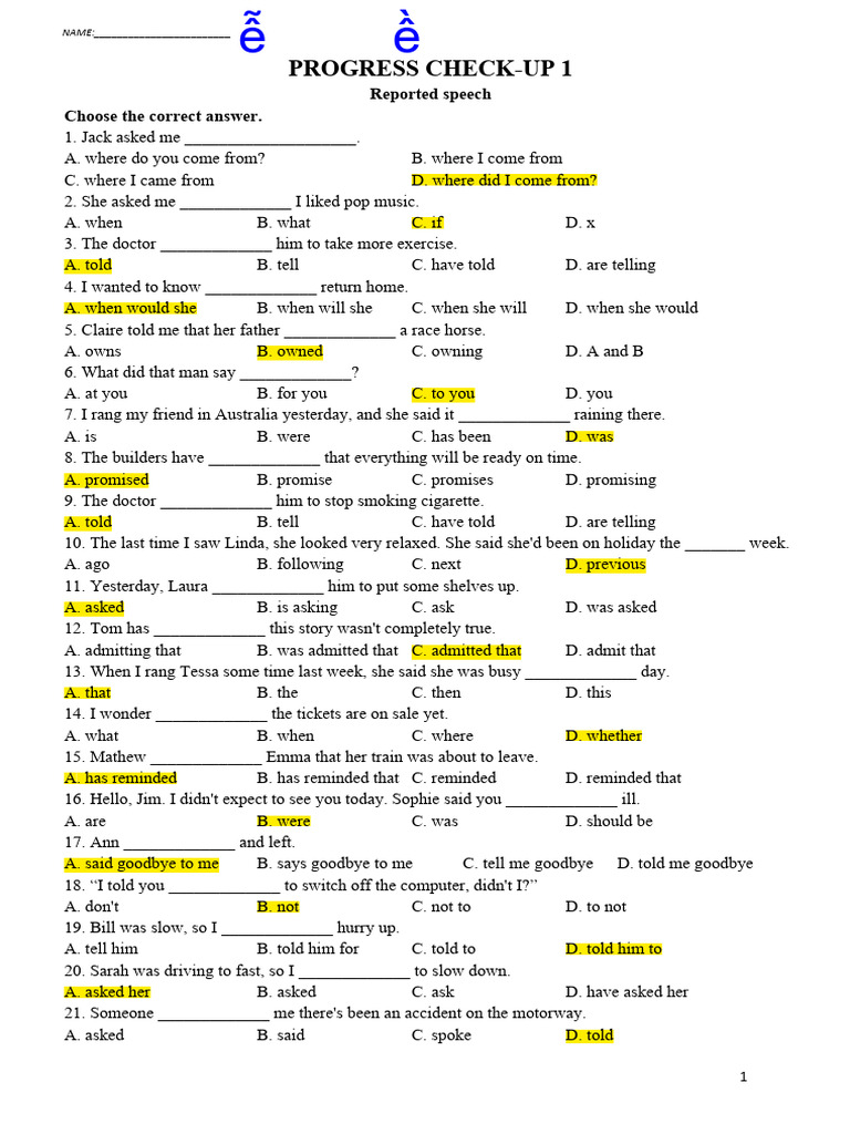 Reported Speech Progress Test 1 MCQ Jan 28 | PDF