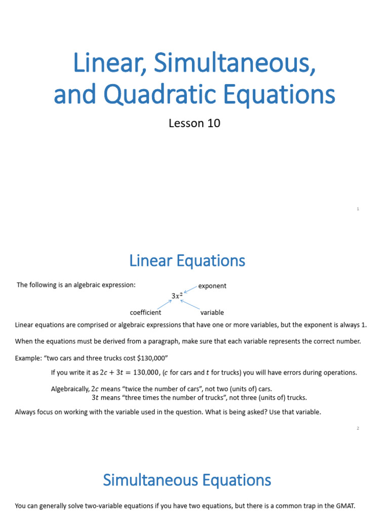 Lesson 10 (F) Linear, Simultaneous, and Quadratic Equations | PDF ...