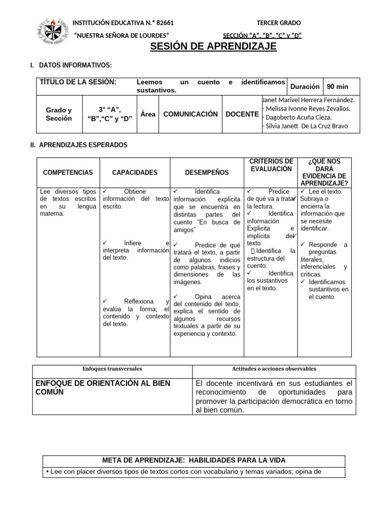 Sesión de Aprendizaje Leemos y Comprendemos Un Cuento e Identificamos El Sustantivo | PDF ...