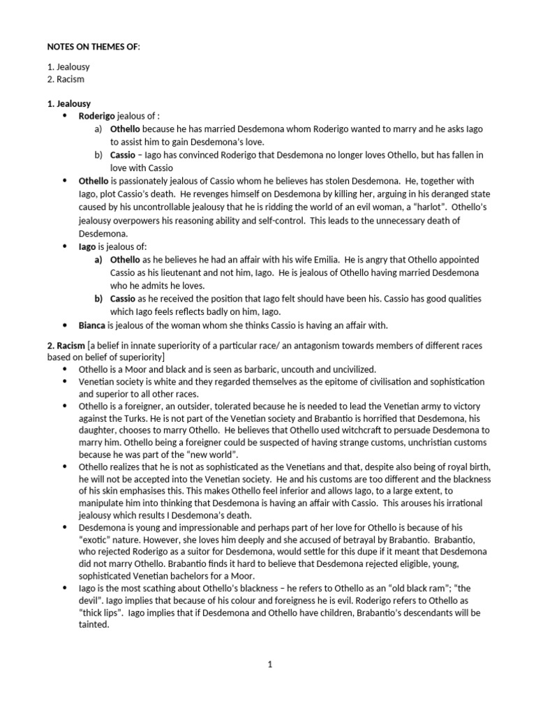 Notes On Themes and Characters 1 | PDF | Othello | Iago