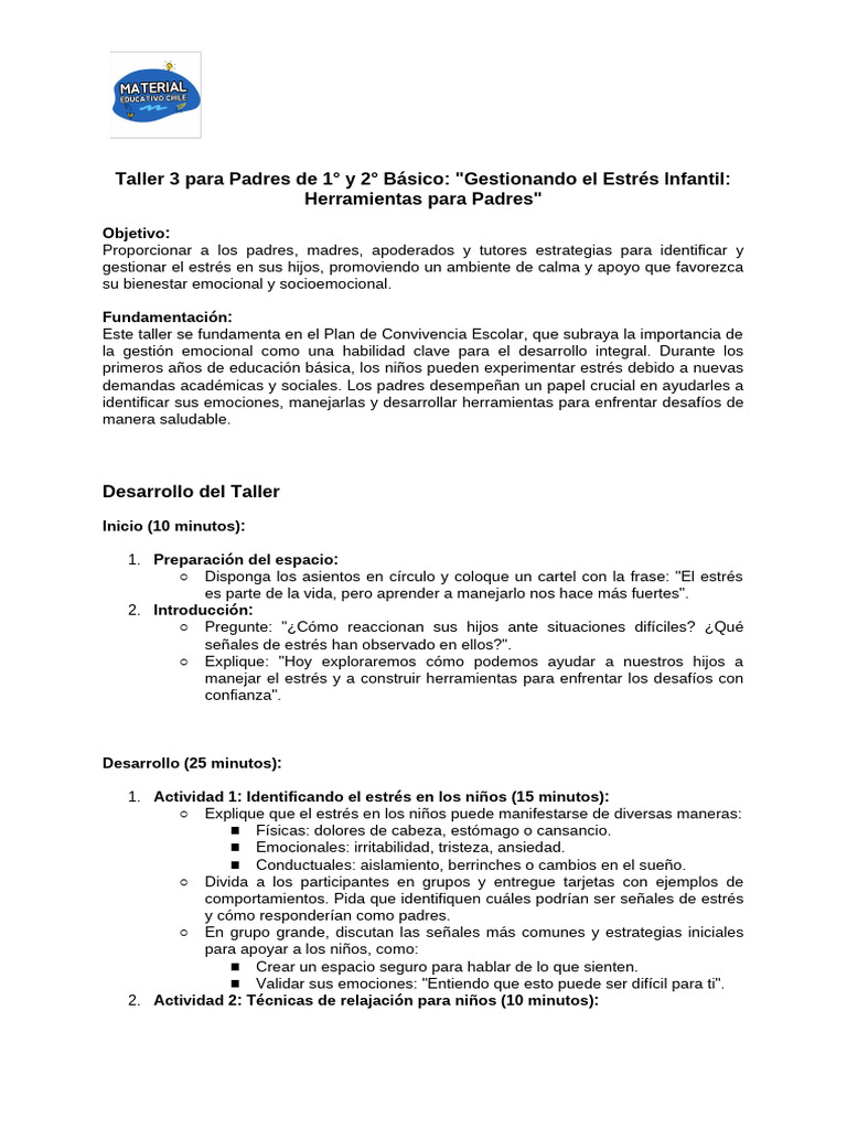 Taller 3 para Padres de 1° y 2° Básico - Gestionando El Estrés Infantil - Herramientas para ...