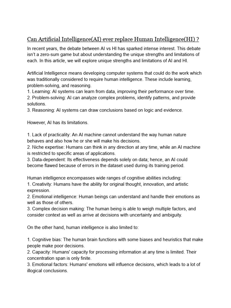 Can Artificial Intelligence (AI) Ever Replace Human Intelligence (HI) | PDF