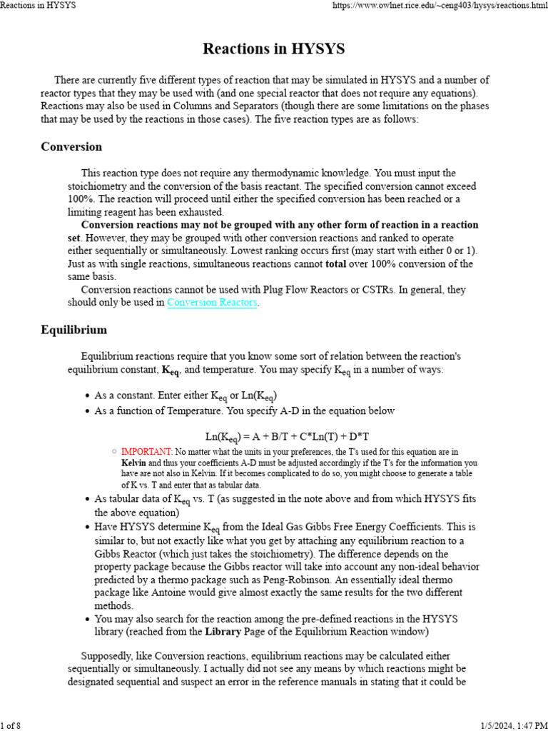 Reactions in HYSYS - The Required Document | PDF | Chemical Equilibrium ...