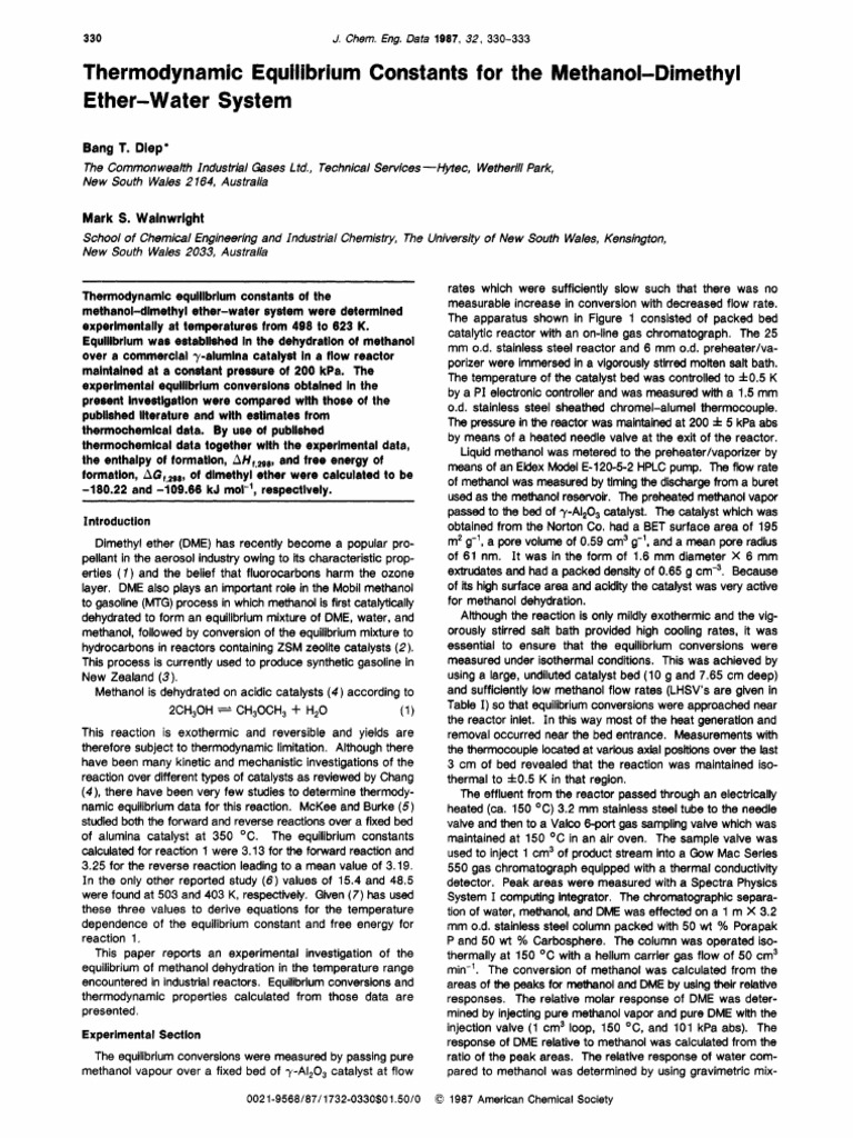 Thermodynamic Equilibrium Constants For The Methanol-Dimethyl Ether-Water Systemdiep1987 | PDF ...