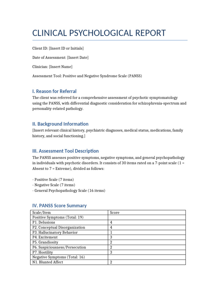 PANSS Clinical Report | PDF | Personality Disorder | Psychosis