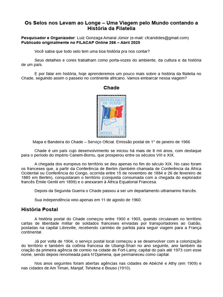 História Da Filatelia Pelos Países - Chade | PDF | Chade