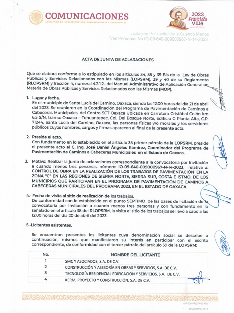 Acta De Junta De Aclaraciones N 14 Pdf