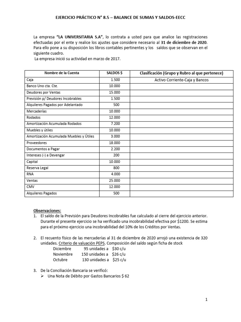 Ejercicio Práctico N° 8.5 - Balance de Sumas y Saldos-EECC | PDF | Estado de resultados | Bancos