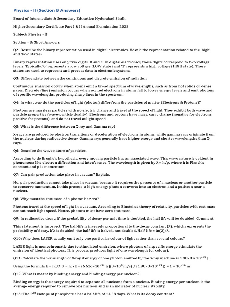 Physics Section B Answers - Docx 2025051 | PDF | Electron | Photon