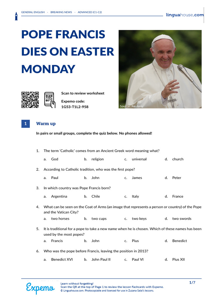 Pope Francis Dies On Easter Monday British English Teacher | PDF | Pope ...