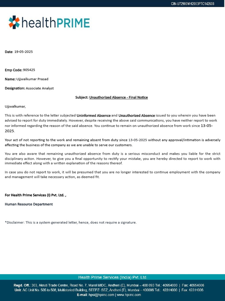 Ujjwalkumar Prasad 905425 Absconding Unauthorized Absence Final Letter ...