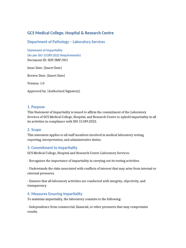 SOP Impartiality GCS Lab ISO15189 2022 | PDF