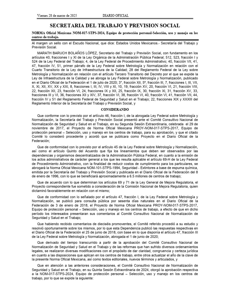 NOM-017-STPS-2024: Protección Personal Laboral | PDF