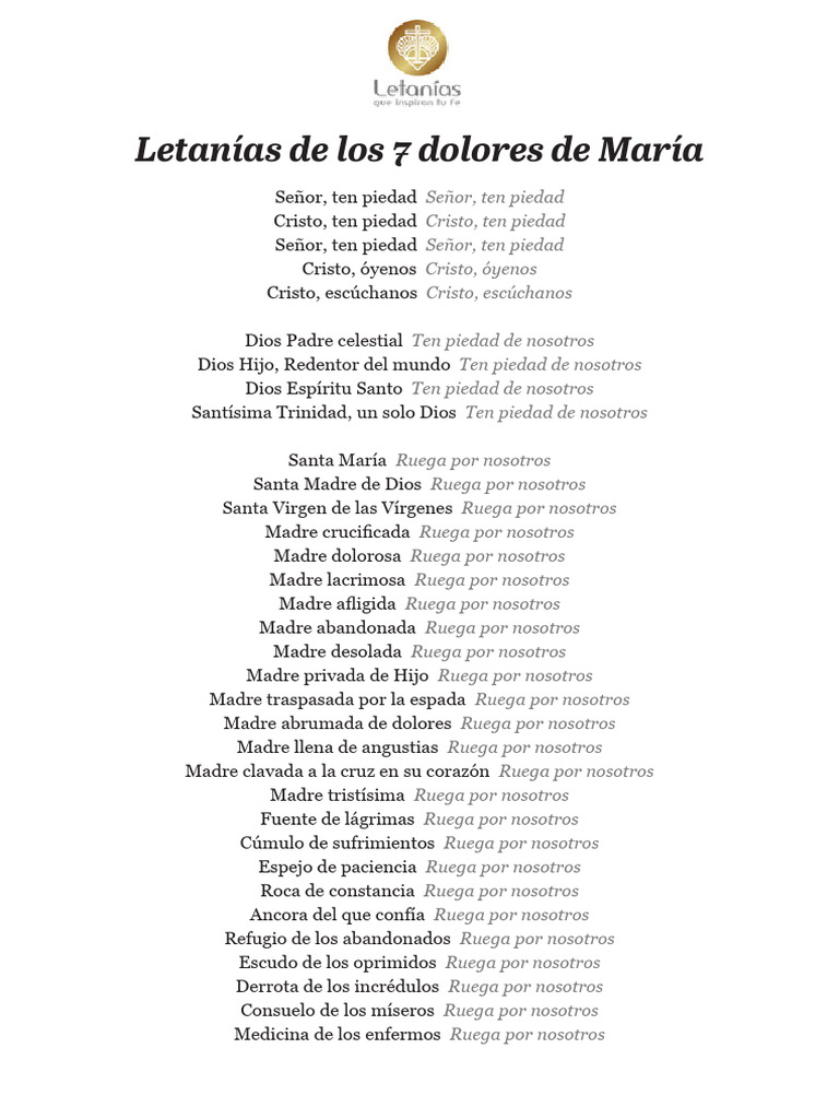 Letanías de los 7 Dolores de María | PDF | Cristo (título) | María ...